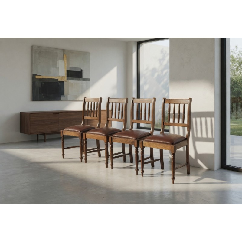 Set of 4 Solid Oak Spindle Back Dining Chairs with Kudu Leather Seats ...
